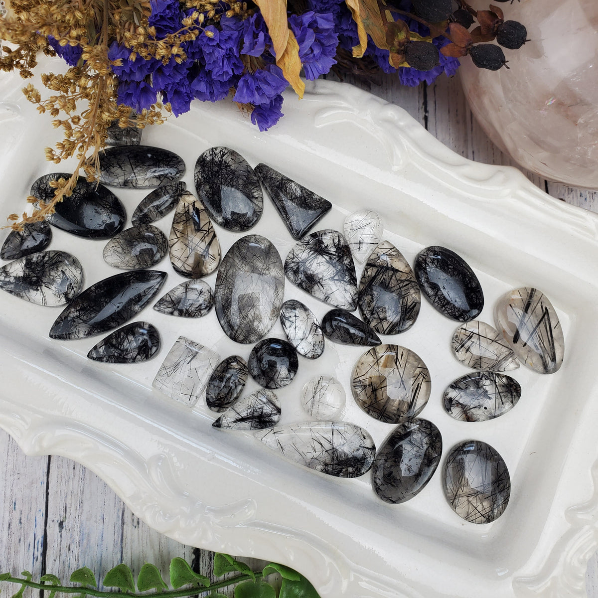 Black Rutilated Quartz Cabochons, small — Zandysjewelrysupply